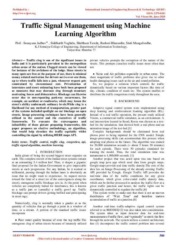 Pdf Ijert Traffic Signal Management Using Machine Learning Algorithm