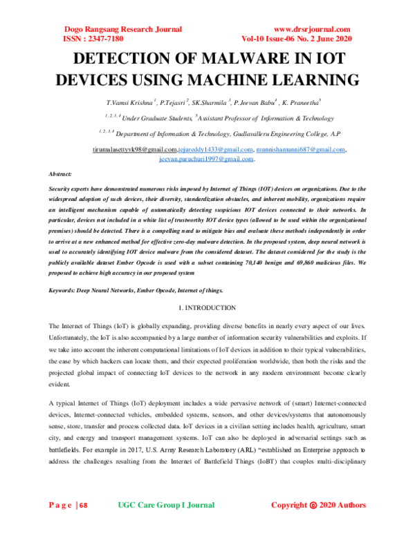 Pdf Detection Of Malware In Iot Devices Using Machine Learning