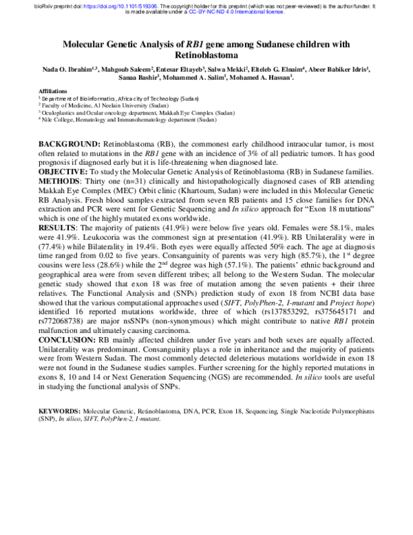 (PDF) Molecular Genetic Analysis of RB1 gene among Sudanese children ...
