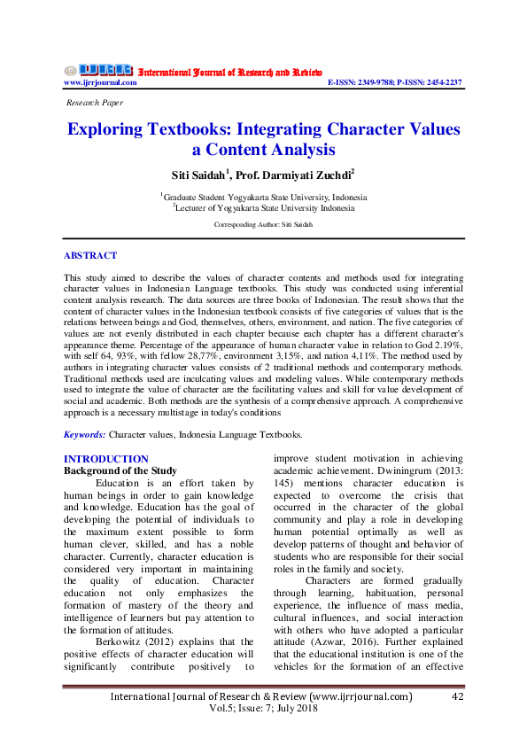 Pdf Exploring Textbooks Integrating Character Values A Content Analysis