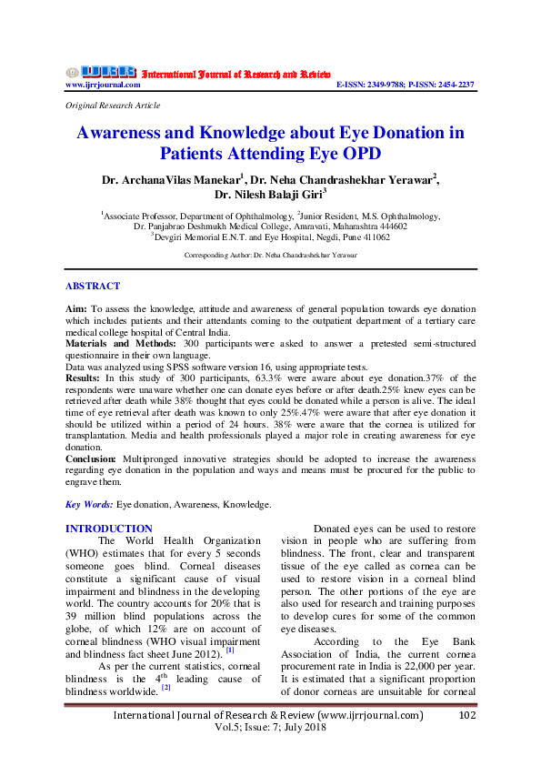 (PDF) Awareness and Knowledge about Eye Donation in Patients Attending Eye OPD