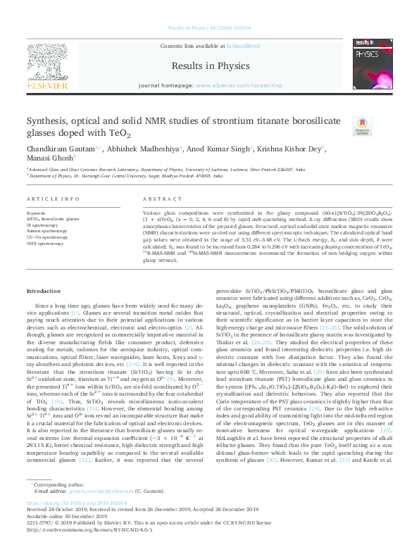 (PDF) Synthesis, optical and solid NMR studies of strontium titanate borosilicate glasses doped ...