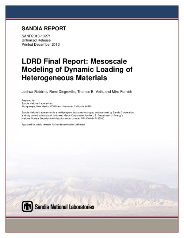 Pdf Ldrd Final Report Mesoscale Modeling Of Dynamic Loading Of Heterogeneous Materials