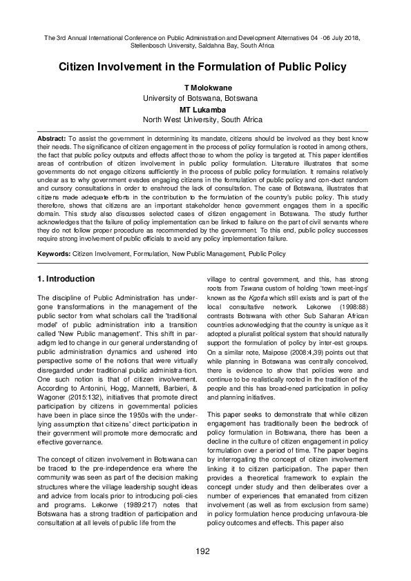 (PDF) Citizen Involvement in the Formulation of Public Policy