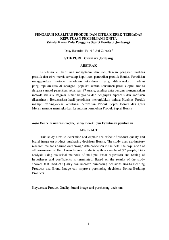 (PDF) PENGARUH KUALITAS PRODUK DAN CITRA MEREK TERHADAP KEPUTUSAN PEMBELIAN BONITA (Study Kasus ...