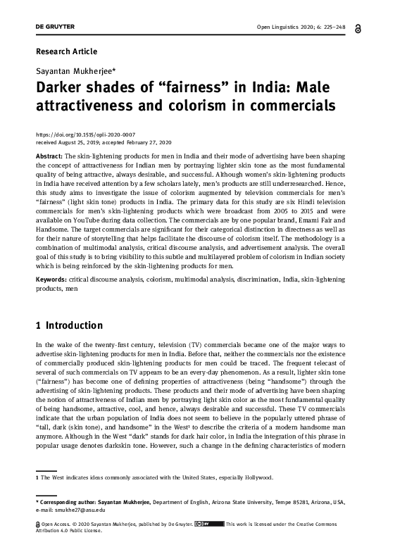 (PDF) Darker shades of "fairness" in India: Male attractiveness and colorism in commercials
