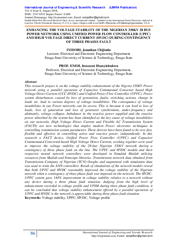 (PDF) ENHANCING THE VOLTAGE STABILITY OF THE NIGERIAN 330KV 28 BUS POWER NETWORK USING UNIFIED ...
