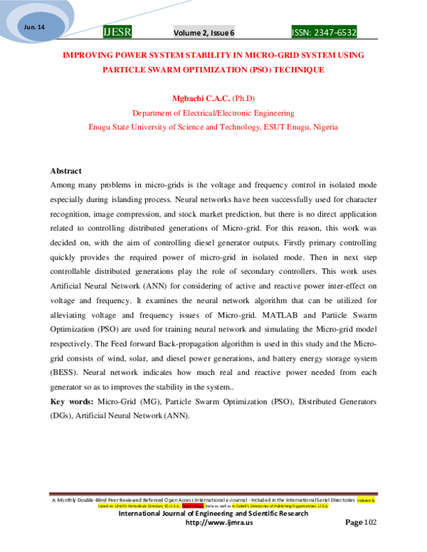 (PDF) IJESR IMPROVING POWER SYSTEM STABILITY IN MICRO-GRID SYSTEM USING PARTICLE SWARM ...