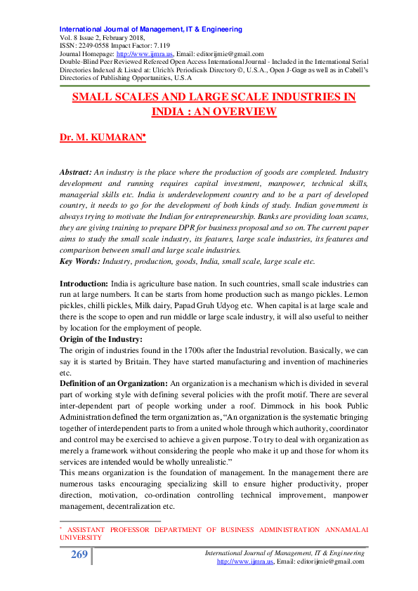 (PDF) SMALL SCALES AND LARGE SCALE INDUSTRIES IN INDIA : AN OVERVIEW