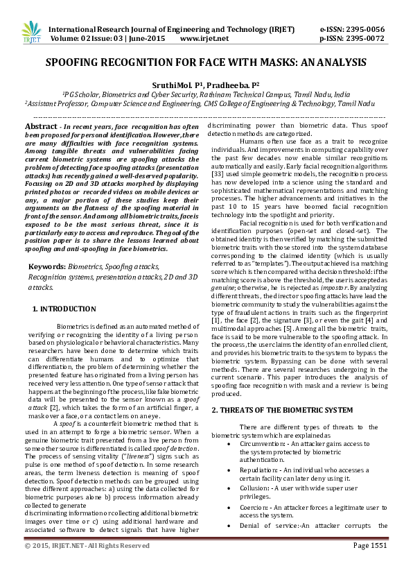 Spoofing Recognition For Face With Masks An Analysis