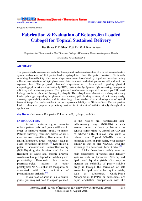 Pdf Fabrication And Evaluation Of Ketoprofen Loaded Cubogel For Topical Sustained Delivery