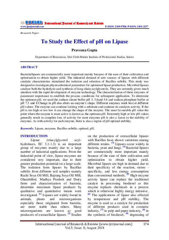 (PDF) To Study the Effect of pH on Lipase