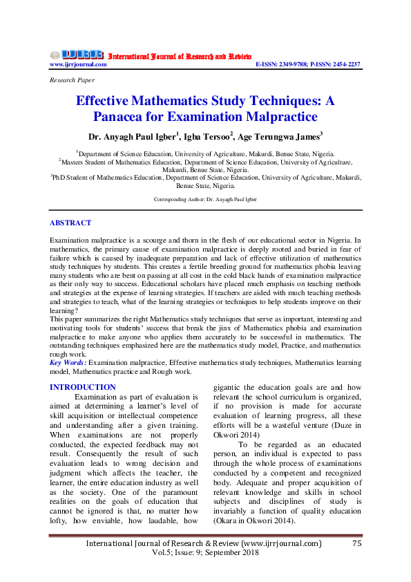 (PDF) Effective Mathematics Study Techniques: A Panacea for Examination ...