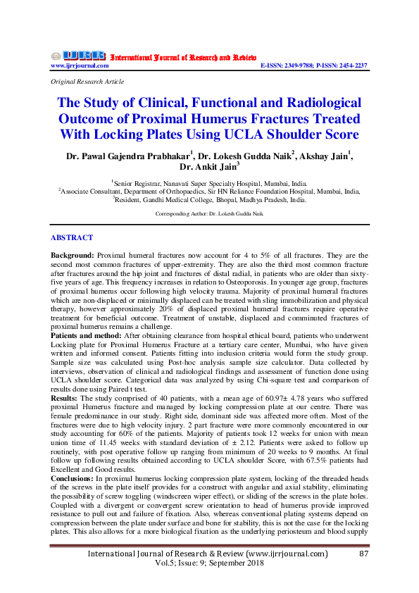(PDF) The Study of Clinical, Functional and Radiological Outcome of Proximal Humerus Fractures ...