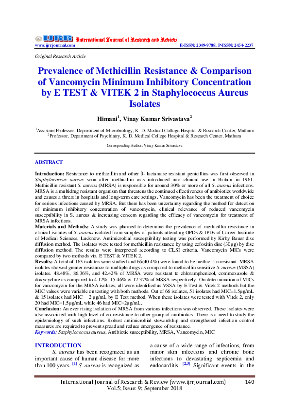 Pdf Prevalence Of Methicillin Resistance And Comparison Of Vancomycin Minimum Inhibitory