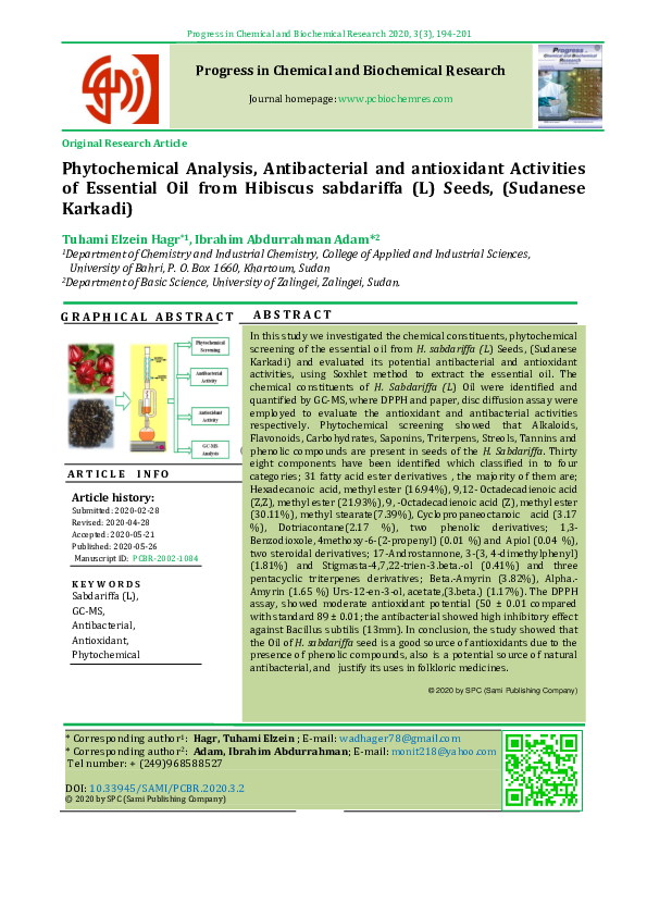 (PDF) Phytochemical Analysis, Antibacterial and antioxidant Activities of Essential Oil from ...