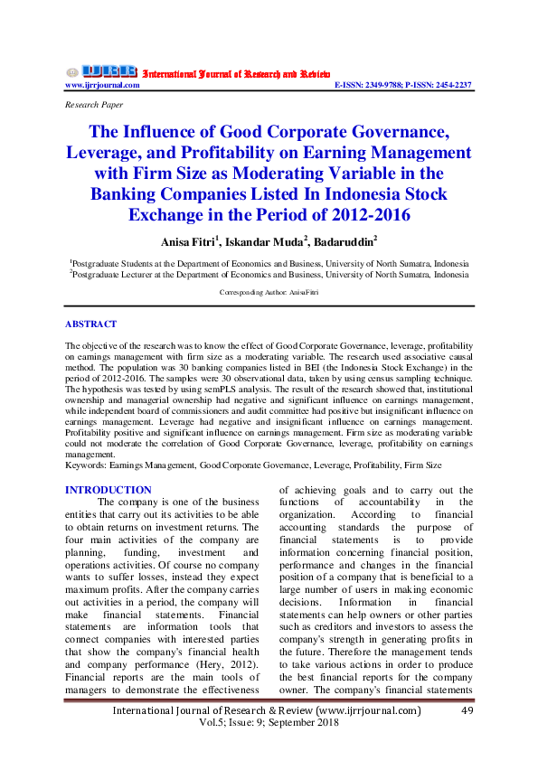 (PDF) The Influence of Good Corporate Governance, Leverage, and Profitability on Earning ...