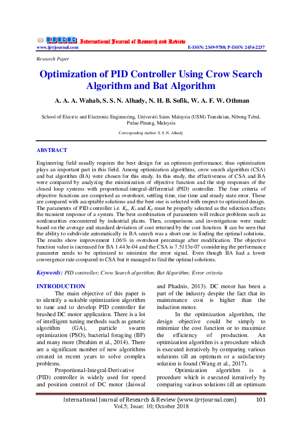 (PDF) Optimization of PID Controller Using Crow Search Algorithm and Bat Algorithm