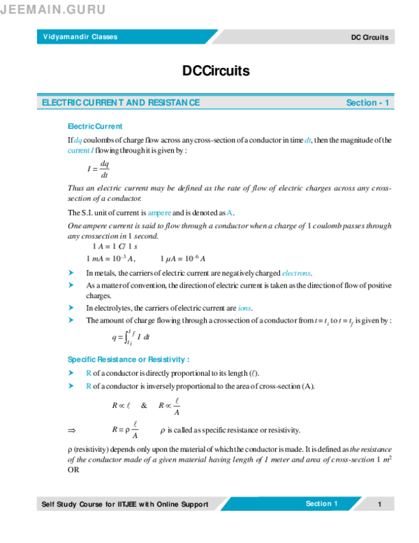 (PDF) Vidyamandir Classes DC Circuits ELECTRIC CURRENT AND RESISTANCE Section -1 Vidyamandir ...
