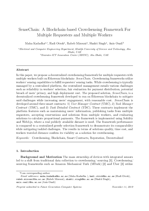 (PDF) SenseChain: A blockchain-based crowdsensing framework for multiple requesters and multiple ...