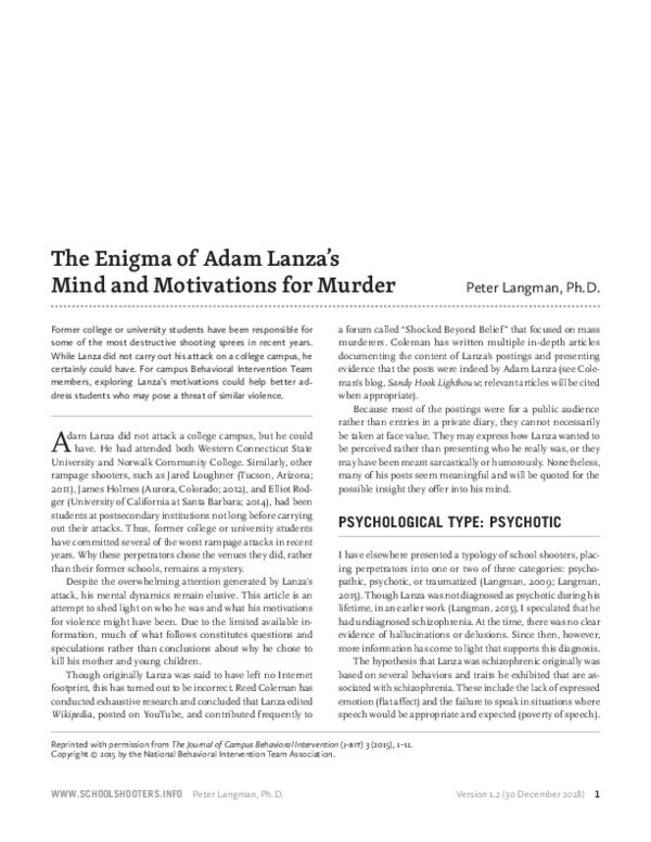 (PDF) The Enigma of Adam Lanza's mind and motivations for murder