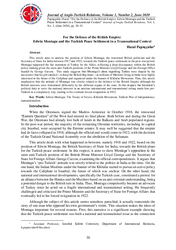 (PDF) For the Defence of the British Empire: Edwin Montagu and the ...