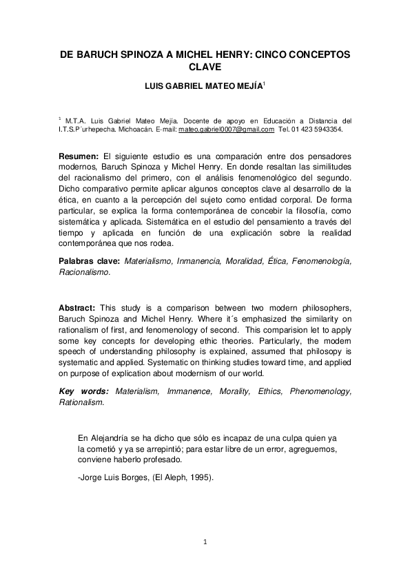 (PDF) DE BARUCH SPINOZA A MICHEL HENRY: CINCO CONCEPTOS CLAVE