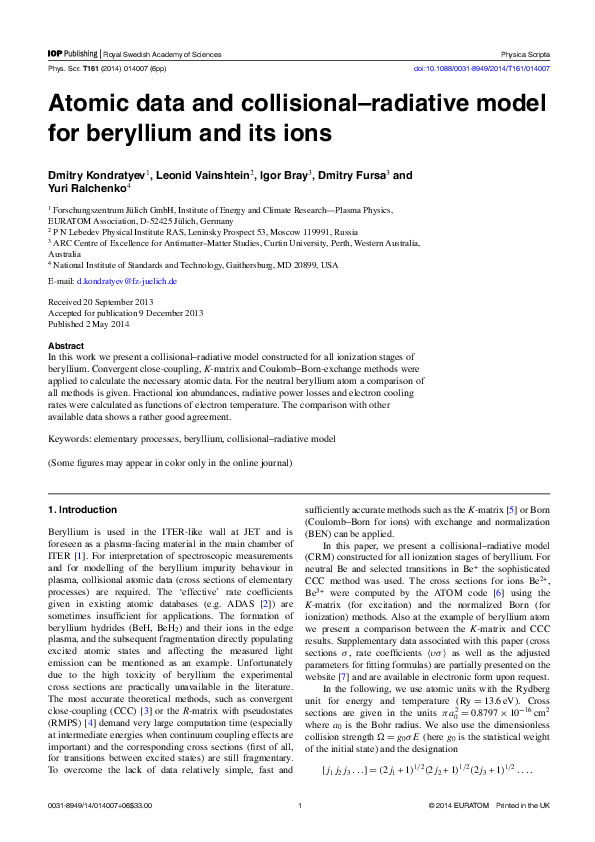(PDF) Atomic data and collisional–radiative model for beryllium and its ions