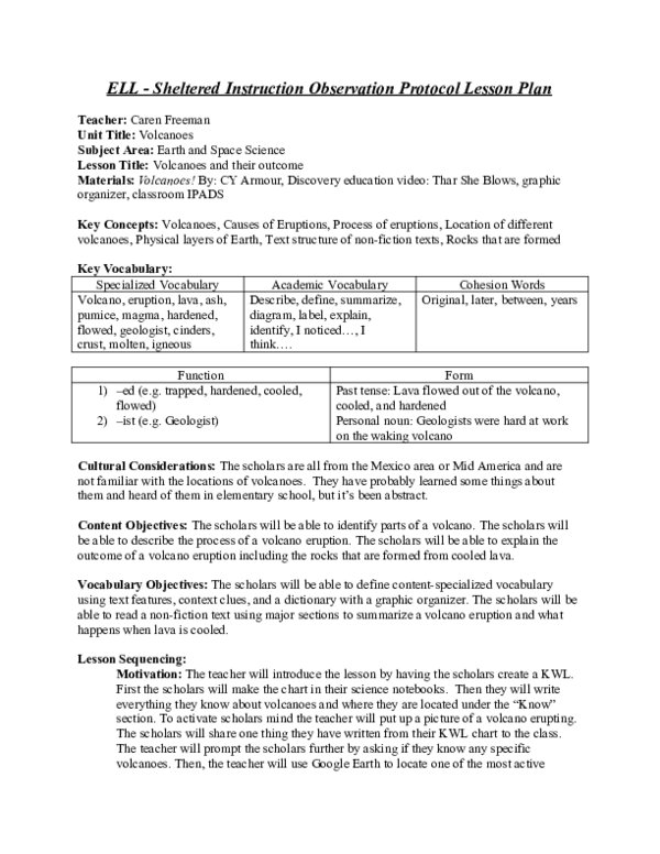 (DOC) ELL -Sheltered Instruction Observation Protocol Lesson Plan