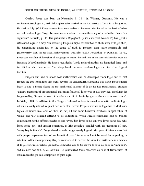 (DOC) GOTTLOB FREGE, GEORGE BOOLE, ARISTOTLE, STOICISM & LOGIC