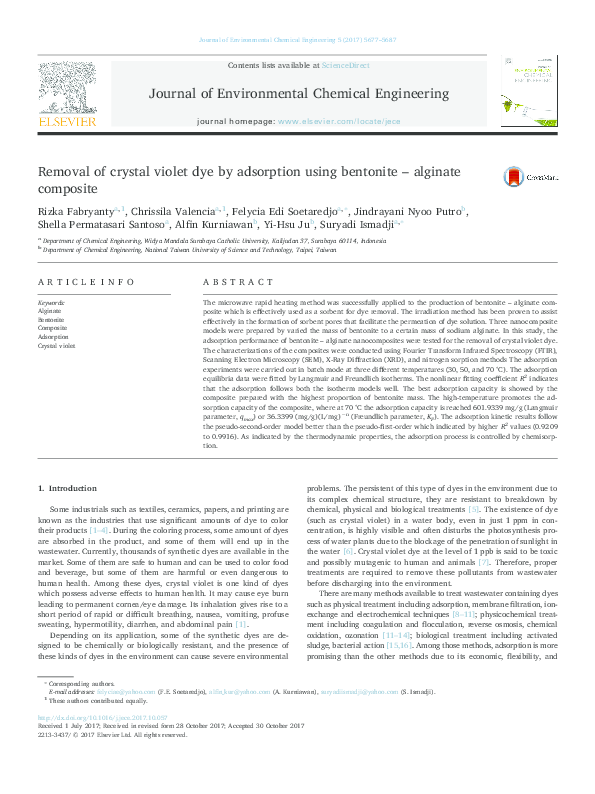 (PDF) Removal of Crystal Violet Dye by Adsorption Using Bentonite – Alginate Composite