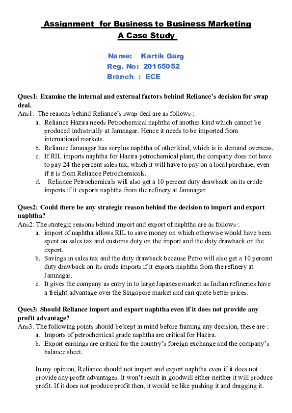 (DOC) Assignment for Business to Business Marketing A Case Study