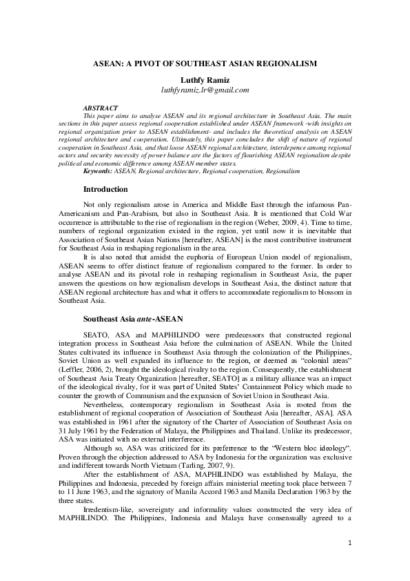 (PDF) ASEAN: A PIVOT OF SOUTHEAST ASIAN REGIONALISM