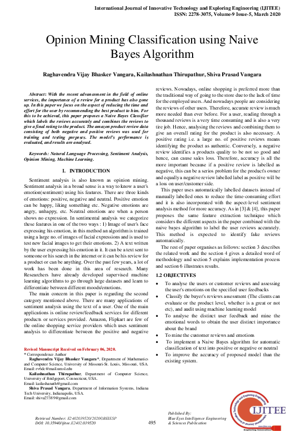 (PDF) Opinion Mining Classification using Naive Bayes Algorithm