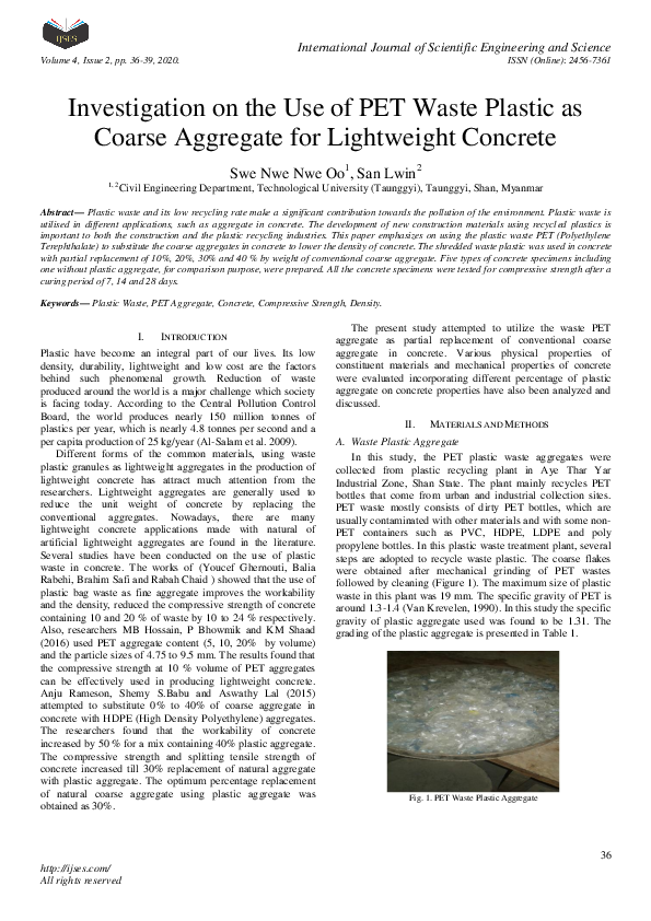 (PDF) Investigation on the Use of PET Waste Plastic as Coarse Aggregate ...