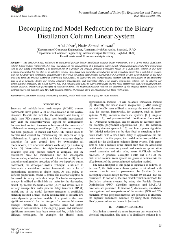 (PDF) Decoupling and Model Reduction for the Binary Distillation Column Linear System
