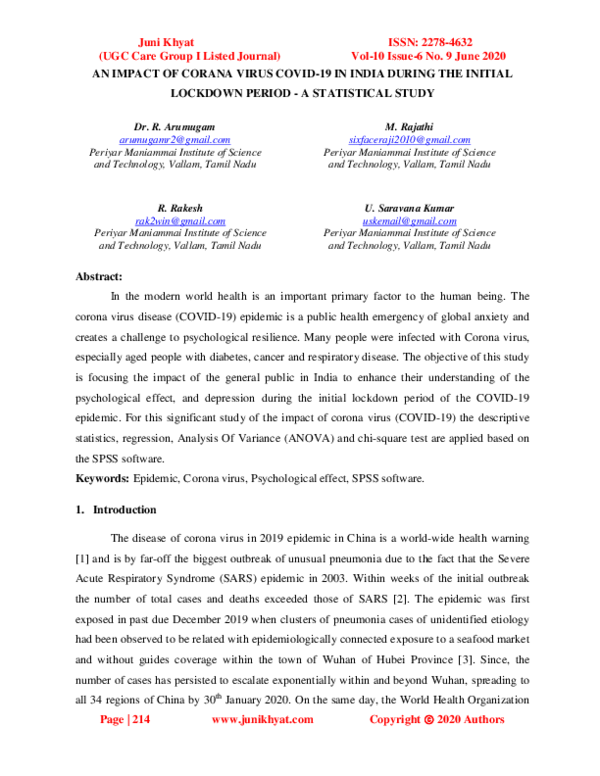 (PDF) AN IMPACT OF CORANA VIRUS COVID-19 IN INDIA DURING THE INITIAL ...