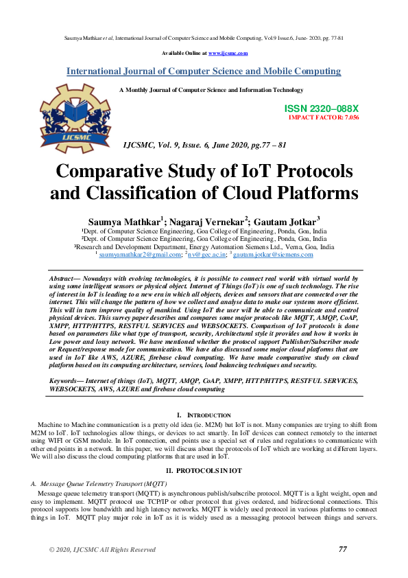 (PDF) Comparative Study of IoT Protocols and Classification of Cloud ...