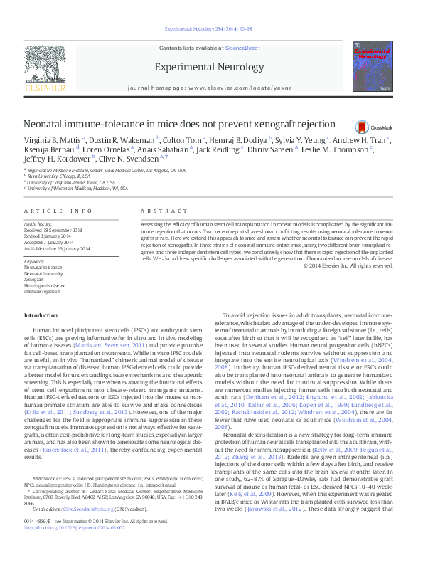 (PDF) Neonatal immune-tolerance in mice does not prevent xenograft ...