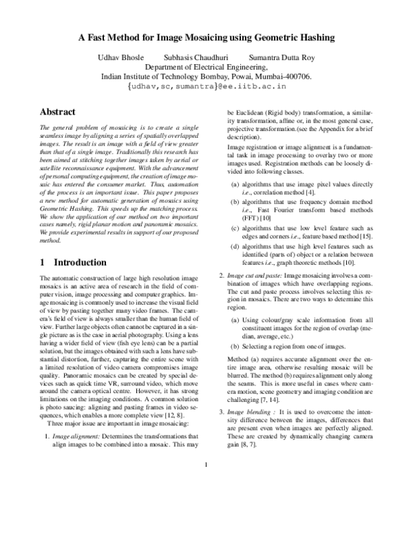 (PDF) A Fast Method for Image Mosaicing using Geometric Hashing