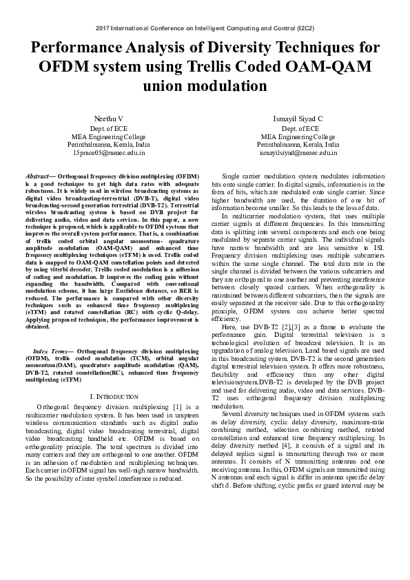 Pdf Performance Analysis Of Diversity Techniques For Ofdm System Using Trellis Coded Oam Qam