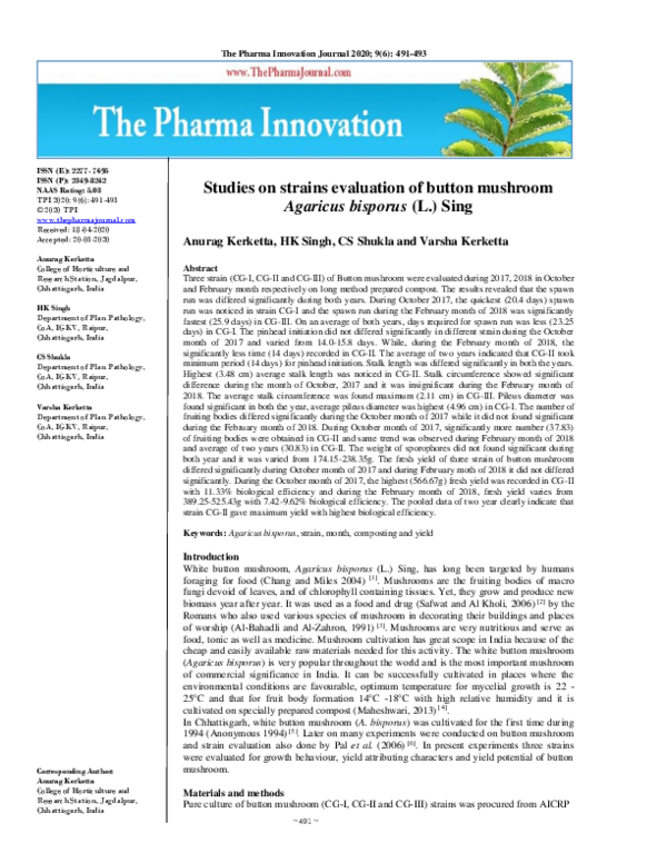 (PDF) Studies on strains evaluation of button mushroom Agaricus bisporus (L.) Sing