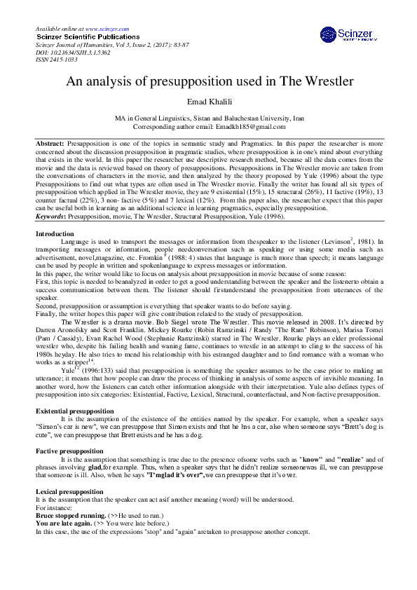 (PDF) An analysis of presupposition used in The Wrestler