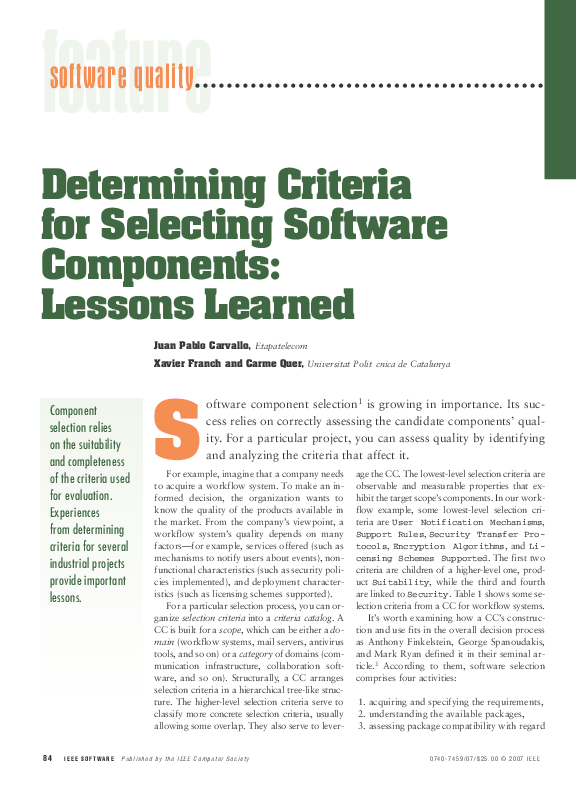 (PDF) Determining Criteria for Selecting Software Components: Lessons ...