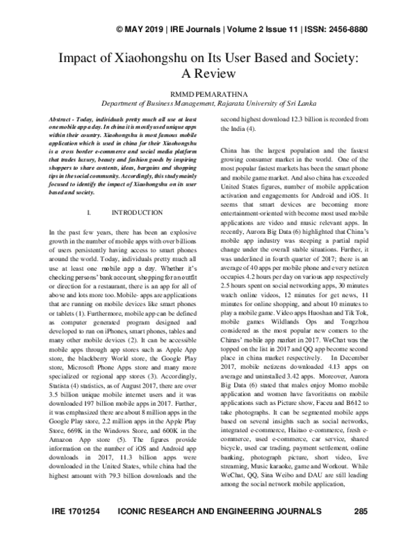 (PDF) Impact of Xiaohongshu on Its User Based and Society: A Review