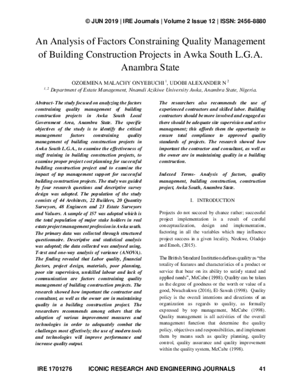 (PDF) An Analysis of Factors Constraining Quality Management of ...