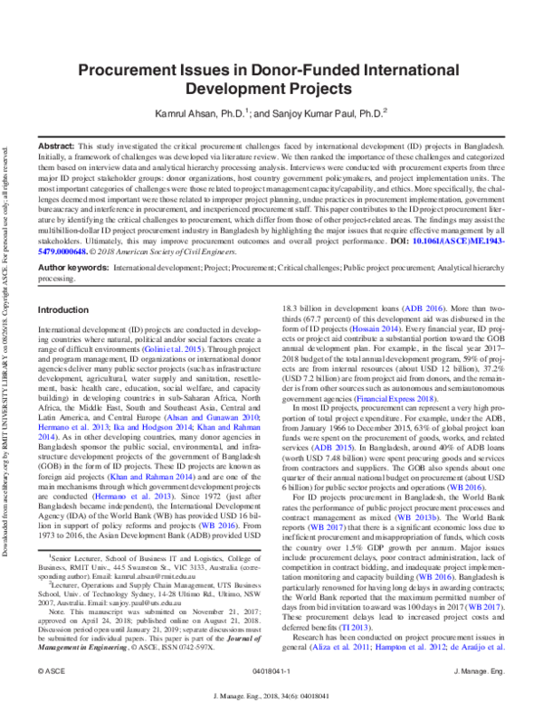 (PDF) Procurement Issues in Donor-Funded International Development Projects