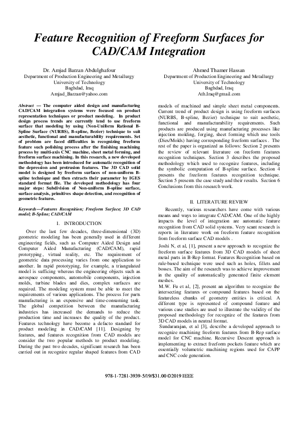 (PDF) Feature Recognition of Freeform Surfaces for CAD/CAM Integration