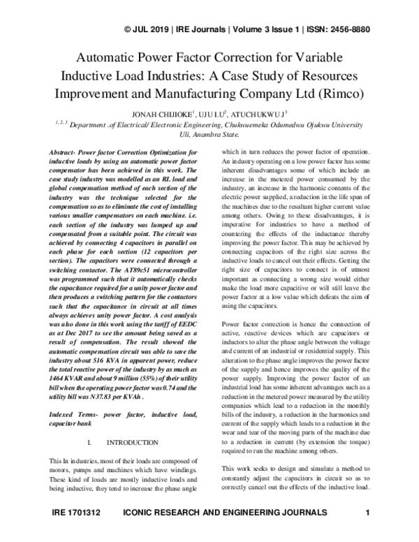(PDF) Automatic Power Factor Correction for Variable Inductive Load ...