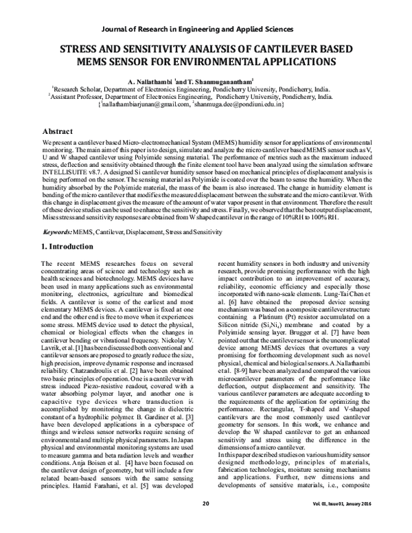 (PDF) STRESS AND SENSITIVITY ANALYSIS OF CANTILEVER BASED MEMS SENSOR FOR ENVIRONMENTAL APPLICATIONS